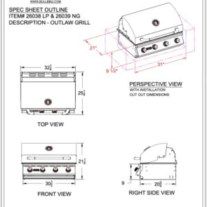 Bull Outdoor Products 26038 Liquid Propane Outlaw Drop-In Grill Head