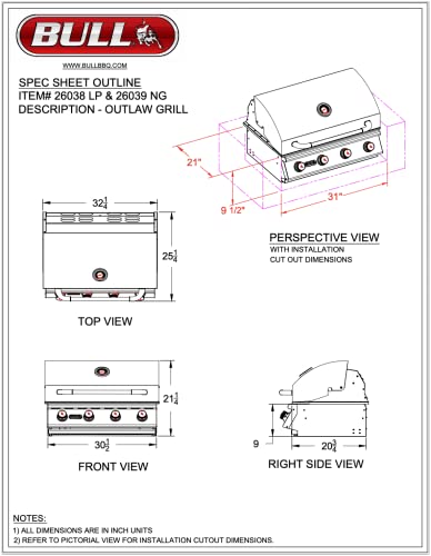 Bull Outdoor Products 26038 Liquid Propane Outlaw Drop-In Grill Head