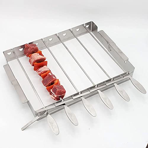 BBQ Dragon Domino Style Shish Kabob Skewers & Rack Set - Stainless Steel BBQ Skewers - Foldable Grill Rack with 6x14” Metal Skewers for Grilling -Flat Kabobs Skewers for Meat, Shrimp, Chicken, Veggie