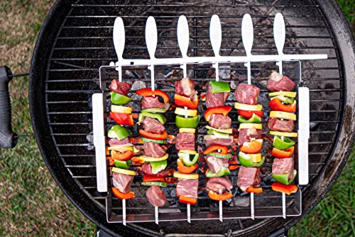 BBQ Dragon Domino Style Shish Kabob Skewers & Rack Set - Stainless Steel BBQ Skewers - Foldable Grill Rack with 6x14” Metal Skewers for Grilling -Flat Kabobs Skewers for Meat, Shrimp, Chicken, Veggie