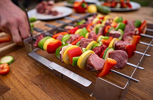 BBQ Dragon Domino Style Shish Kabob Skewers & Rack Set - Stainless Steel BBQ Skewers - Foldable Grill Rack with 6x14” Metal Skewers for Grilling -Flat Kabobs Skewers for Meat, Shrimp, Chicken, Veggie