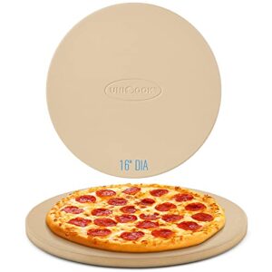 unicook 16 inch round pizza baking stone, heavy duty cordierite pizza stone for oven and grill, thermal shock resistant, ideal for baking crisp crust pizza, bread and more, includes scraper