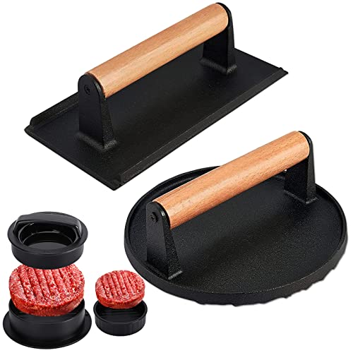 HSUJCYF 3PCS Smash Burger Press Kit, Round & Rectangle Meat Press for Griddle, Cast Iron Grill Press with Upgrade Wooden Handle for Blackstone Camp Chef Pitboss