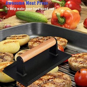 HSUJCYF 3PCS Smash Burger Press Kit, Round & Rectangle Meat Press for Griddle, Cast Iron Grill Press with Upgrade Wooden Handle for Blackstone Camp Chef Pitboss