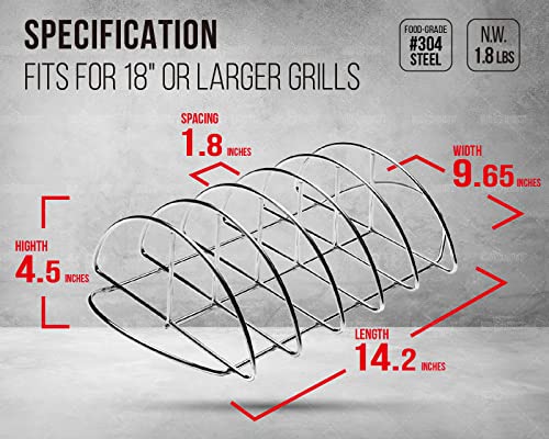 BBQ Rib Racks for Smoking, Classic Joe, BGE Grill Expander Rack Accessories - Optimizes Grilling Space, Standing Roast Rack Allows for more Even Cooking, Works with 18" or Larger Size Grill, Stainless