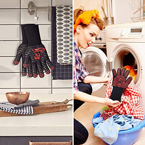 Grilling Gloves 1472℉ Extreme Heat Resistant, Grill BBQ Gloves for Men, Silicone Non-Slip Kitchen Oven Mitts, Hot Cooking Oven Gloves for Grilling, Frying, Baking, Welding, Fireplace, 14 Inch