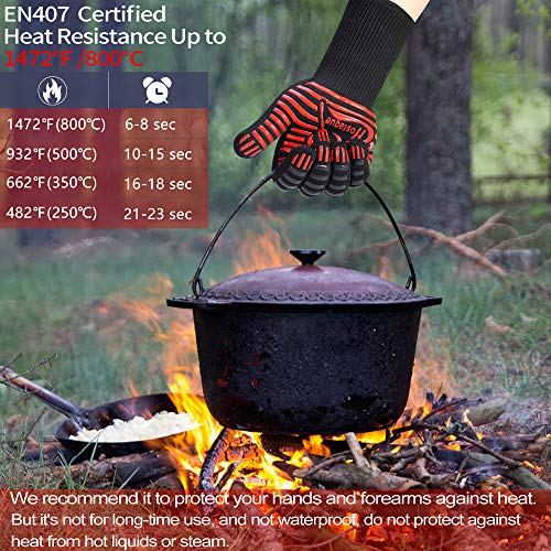 Grilling Gloves 1472℉ Extreme Heat Resistant, Grill BBQ Gloves for Men, Silicone Non-Slip Kitchen Oven Mitts, Hot Cooking Oven Gloves for Grilling, Frying, Baking, Welding, Fireplace, 14 Inch