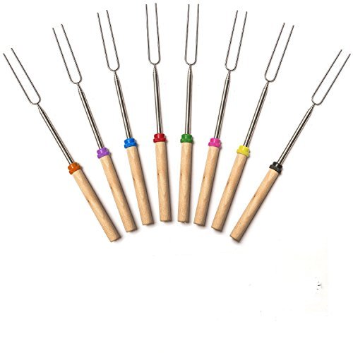 LT-Tech Marshmallow Roasting Sticks- BBQ Extendable forks-32-Inch Telescopic Sticks with Wooden Handle for Outdoor Barbecue Grill and Campfire Pit 8Pack