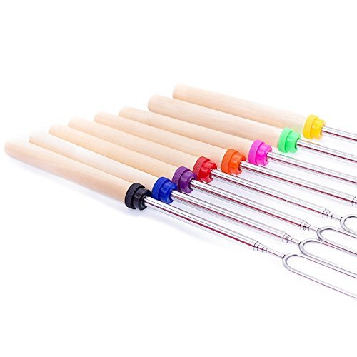 LT-Tech Marshmallow Roasting Sticks- BBQ Extendable forks-32-Inch Telescopic Sticks with Wooden Handle for Outdoor Barbecue Grill and Campfire Pit 8Pack