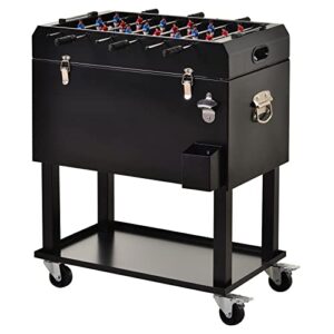 outsunny 68qt patio cooler ice chest with foosball table top, portable poolside party bar cold drink rolling cart on wheels with tray shelf