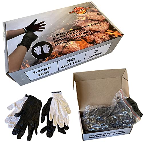 LavaLock Disposable Nitrile BBQ Gloves with Cotton Liners for Outdoor Cooking Grilling Smokers and Barbecue Competition, Chef or Kitchen use (Large 50 Count Black)