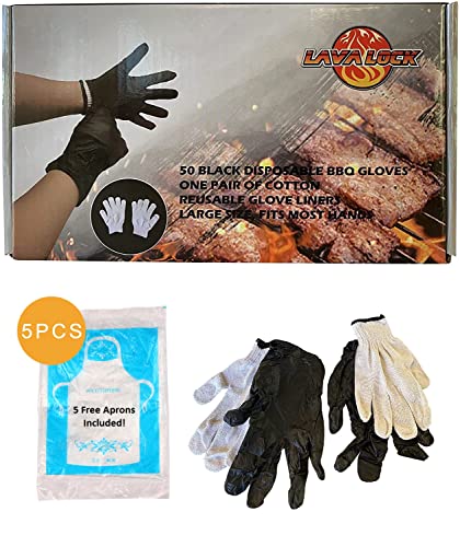 LavaLock Disposable Nitrile BBQ Gloves with Cotton Liners for Outdoor Cooking Grilling Smokers and Barbecue Competition, Chef or Kitchen use (Large 50 Count Black)