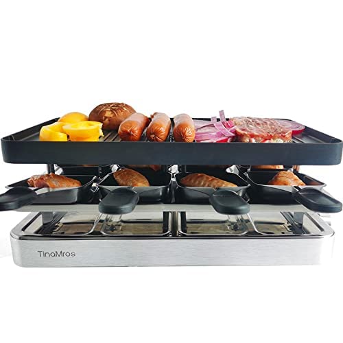 TinaMros 3 Layers with Lid 1500W Portable Non-Stick Reversible 2 in1 Electric Raclette Grill Table for 8 Paddles and Person