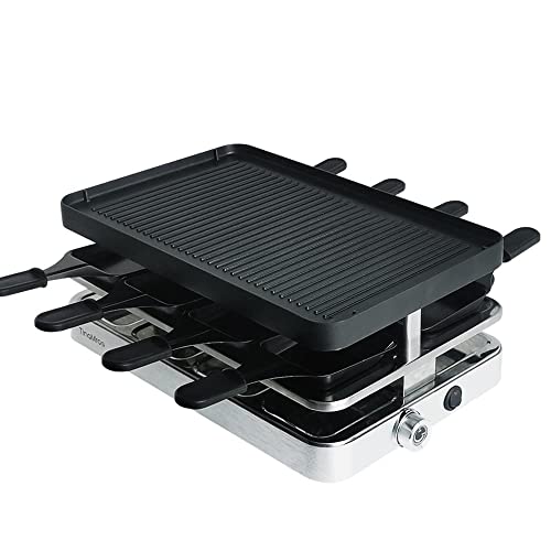 TinaMros 3 Layers with Lid 1500W Portable Non-Stick Reversible 2 in1 Electric Raclette Grill Table for 8 Paddles and Person