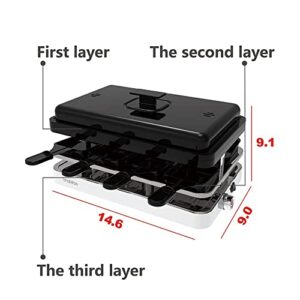 TinaMros 3 Layers with Lid 1500W Portable Non-Stick Reversible 2 in1 Electric Raclette Grill Table for 8 Paddles and Person