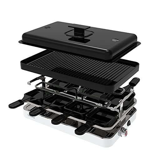 TinaMros 3 Layers with Lid 1500W Portable Non-Stick Reversible 2 in1 Electric Raclette Grill Table for 8 Paddles and Person