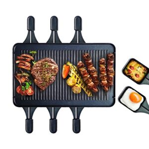 TinaMros 3 Layers with Lid 1500W Portable Non-Stick Reversible 2 in1 Electric Raclette Grill Table for 8 Paddles and Person