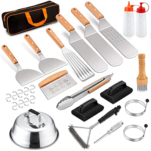 Leonyo 27 Pcs Griddle Accessories, Flat Top Grill Accessories Stainless Steel Griddle Spatula with Metal Scraper, Melting Dome, Grilling Tool Set for Outdoor Kitchen, Teppanyaki BBQ Hibachi Camping