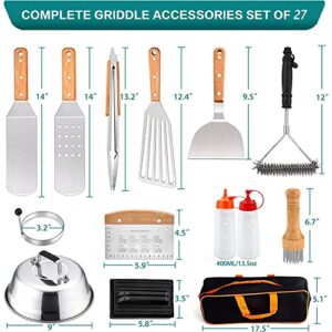 Leonyo 27 Pcs Griddle Accessories, Flat Top Grill Accessories Stainless Steel Griddle Spatula with Metal Scraper, Melting Dome, Grilling Tool Set for Outdoor Kitchen, Teppanyaki BBQ Hibachi Camping