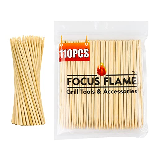 FOCUS FLAME Bamboo Appetizer Skewer 110 PCS 6 IN Stick Fruit Kabob Grill Skewer Toothpicks Φ=4 MM Caramel Apples Wood Stick for Cocktail Chocolate Fountain Campfire Party Barbecue Kitchen BBQ Skewer