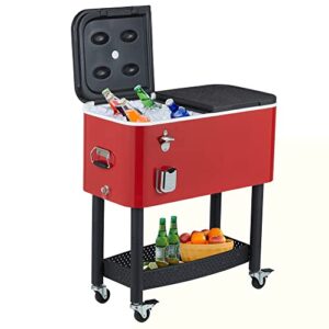 yoleny 80 gallon rolling cooler cart bottom rack, removable stand, fit in a car, rolling freezer with wheels, backyard cooler trolley, bottle opener, drain plug, and locking wheels, red