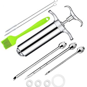 Meat Injector Syringe,Stainless Steel Injector Gun Kit with Case,2-Oz Marinade for Smoking,With 3 Professional Needles 2 Cleaning Brushes And 4 Silicone O-Rings,1Cleaning Silicone Brush (silver)