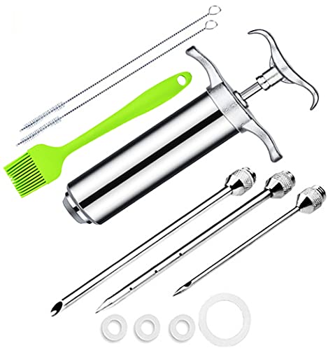 Meat Injector Syringe,Stainless Steel Injector Gun Kit with Case,2-Oz Marinade for Smoking,With 3 Professional Needles 2 Cleaning Brushes And 4 Silicone O-Rings,1Cleaning Silicone Brush (silver)