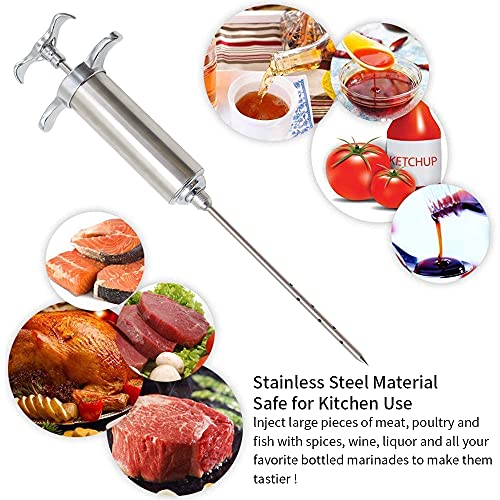 Meat Injector Syringe,Stainless Steel Injector Gun Kit with Case,2-Oz Marinade for Smoking,With 3 Professional Needles 2 Cleaning Brushes And 4 Silicone O-Rings,1Cleaning Silicone Brush (silver)