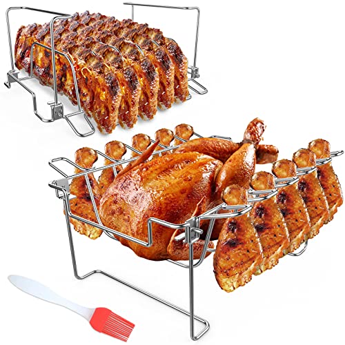 3 in 1 Extra Large Rectangle Rib Rack&Chicken Leg Rack with Brush, Stainlesss Steel Roasting Rack with 2 Handle for Smoker, Oven and Grill, Holds Up to 5 Ribs, Easy to Use&Clean