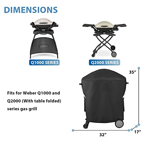 Grisun 7113 Grill Cover for Weber Q100/Q1000/Q200/Q2000 Grills with Portable Cart, Anti-Fade Waterproof Grill Cover for Weber Q2400/Q2200/Q1200/Q220/Q120 Grills, Full Length, Black