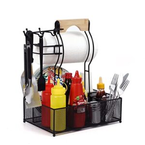 large grill utensil caddy, hykton picnic camping bbq organizer for camping outdoor mesh basket with 5 hanging hooks and paper towel holder, ideal table storage tools for rv camper/tailgating/flatware