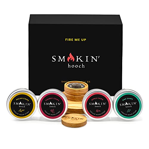 Cocktail Smoker with Solid Oak Smoke Top & 4 Wood Chip Flavors (cherry, pecan, apple, & oak wood chips) Gifts for Smokers | Whiskey Smoker Kit | Old Fashioned Cocktail Kit | Bourbon Smoker Kit