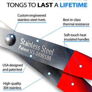 Shark BBQ Grilling Tongs: Extra long reach for outdoor grill & kitchen. Best cooking accessories for charcoal, gas grills & smoker. Perfect stainless steel gift for dad. Great for indoor cooking (Red)