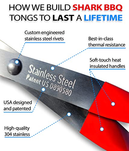 Shark BBQ Grilling Tongs: Extra long reach for outdoor grill & kitchen. Best cooking accessories for charcoal, gas grills & smoker. Perfect stainless steel gift for dad. Great for indoor cooking (Red)