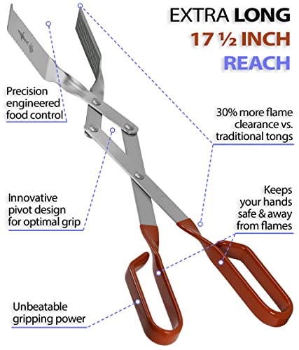 Shark BBQ Grilling Tongs: Extra long reach for outdoor grill & kitchen. Best cooking accessories for charcoal, gas grills & smoker. Perfect stainless steel gift for dad. Great for indoor cooking (Red)