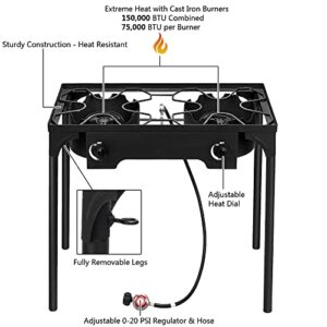 Cimcame Double Burners Stove Heavy Duty Outdoor Camping Propane Cooker w/Detachable Legs&CSA Regulator for Camp Patio Home Brewing, Turkey Fry, Maple Syrup Prep.