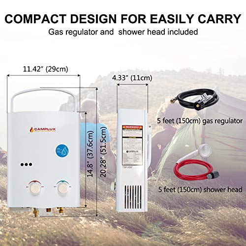 CAMPLUX 5L 1.32 GPM Outdoor Portable Propane Tankless Water Heater Set with 5 Ft Quick Connect Propane Regulator Hose