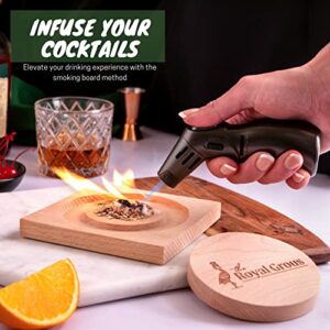 The Royal Grous Cocktail Smoker Kit with Torch - Old Fashioned Cocktail Kit - Bourbon, Whiskey Smoker Infuser Kit, Torch Kit with Chimney Smoker, Jigger, Ice Mold, Mixing Spoon, 6 Wood Chips Flavors, Smoke Board, Recipes (No Butane)