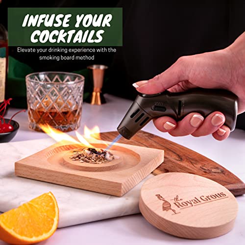 The Royal Grous Cocktail Smoker Kit with Torch - Old Fashioned Cocktail Kit - Bourbon, Whiskey Smoker Infuser Kit, Torch Kit with Chimney Smoker, Jigger, Ice Mold, Mixing Spoon, 6 Wood Chips Flavors, Smoke Board, Recipes (No Butane)