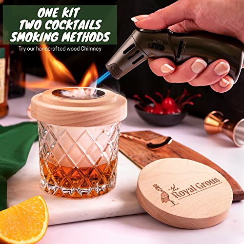 The Royal Grous Cocktail Smoker Kit with Torch - Old Fashioned Cocktail Kit - Bourbon, Whiskey Smoker Infuser Kit, Torch Kit with Chimney Smoker, Jigger, Ice Mold, Mixing Spoon, 6 Wood Chips Flavors, Smoke Board, Recipes (No Butane)