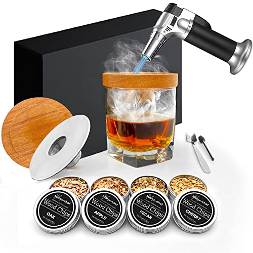 Cocktail Smoker Kit with Torch, Whiskey Smoker Kit, Bourbon Smoker Kit, Older Fashioned Drink Smoker Kit with 4 Favors Wood Chips, Whiskey Gifts for Men/ Husband/ Dad (No Butane)