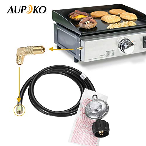 5 Feet Low Pressure Propane Regulator and Hose，Qcc1 Universal Grill Regulator Replacement Part with 90 Degree Elbow Adapter for Blackstone Griddle 17" and 22" Tabletop Camper Grill