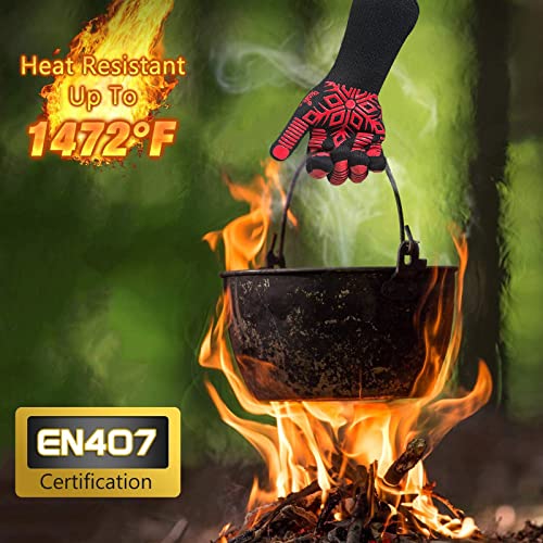 JangBe BBQ Gloves, 1472 Degree F Heat Resistant Grilling Gloves with Fingers Mitts with Gold Non-Slip Oven for Barbecue, Baking, Cooking(1 Pair)