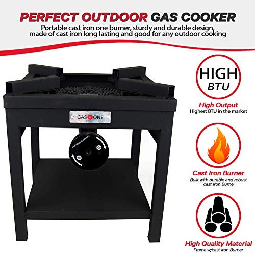 Gas One B-5350-RED Rugged Propane Burner Outdoor Cooker With 0-20 PSI Regulator with Pressure Gauge For Outdoor Cooking, Turkey Fry, Black