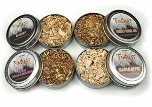 foghat fuel sampler four pack | whiskey barrel oak, old hickory, sweet texas mesquite, maple myst wood shavings, 4 x 1oz | cocktail and culinary wood chips for smoking