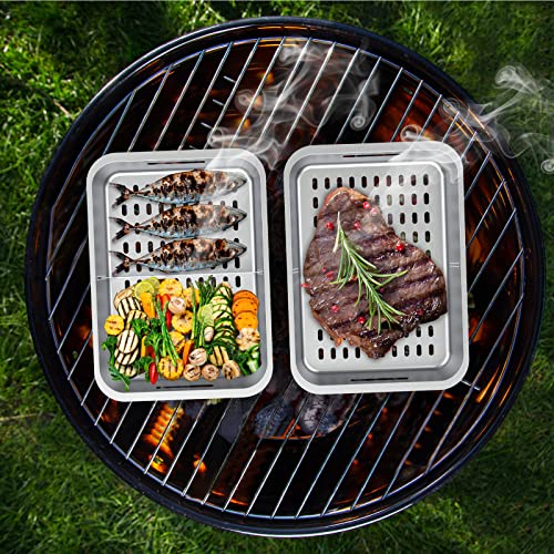 Grill Basket Set,6-piece Stainless Steel Vegetable Grilling Tray/Pan, Outdoor Grill Accessories Includes 2 Grill Baskets a Serving Tray & Removable Handle and 2 Baffle For Grilling Fish Veggies & Meats, Grill Gifts for Men