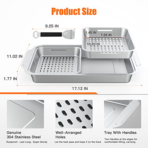 Grill Basket Set,6-piece Stainless Steel Vegetable Grilling Tray/Pan, Outdoor Grill Accessories Includes 2 Grill Baskets a Serving Tray & Removable Handle and 2 Baffle For Grilling Fish Veggies & Meats, Grill Gifts for Men