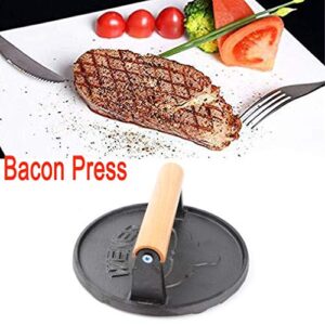 Wener Bacon Press 6.88-Inch Round,Heavy-Duty Cast Iron Grill Press/Meat Press/Steak Grill Weight/Burger Smasher/Burger Press With Wood Handle (A)