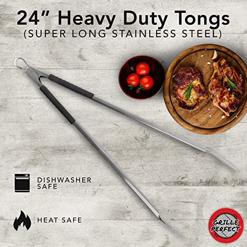 Grill Tongs Super Long 24-inch Heavy Duty for BBQ and Grilling | Extra Long Stainless Steel Grilling Tongs for Outdoor Grill and Kitchen Cooking | Long Metal Tongs with Safety Hand Grips