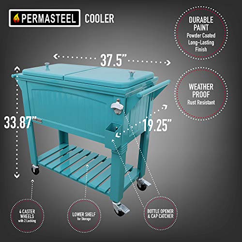 Permasteel PS-203F1-TEAL-AM 80 Quart Portable Rolling Patio Cooler, Teal